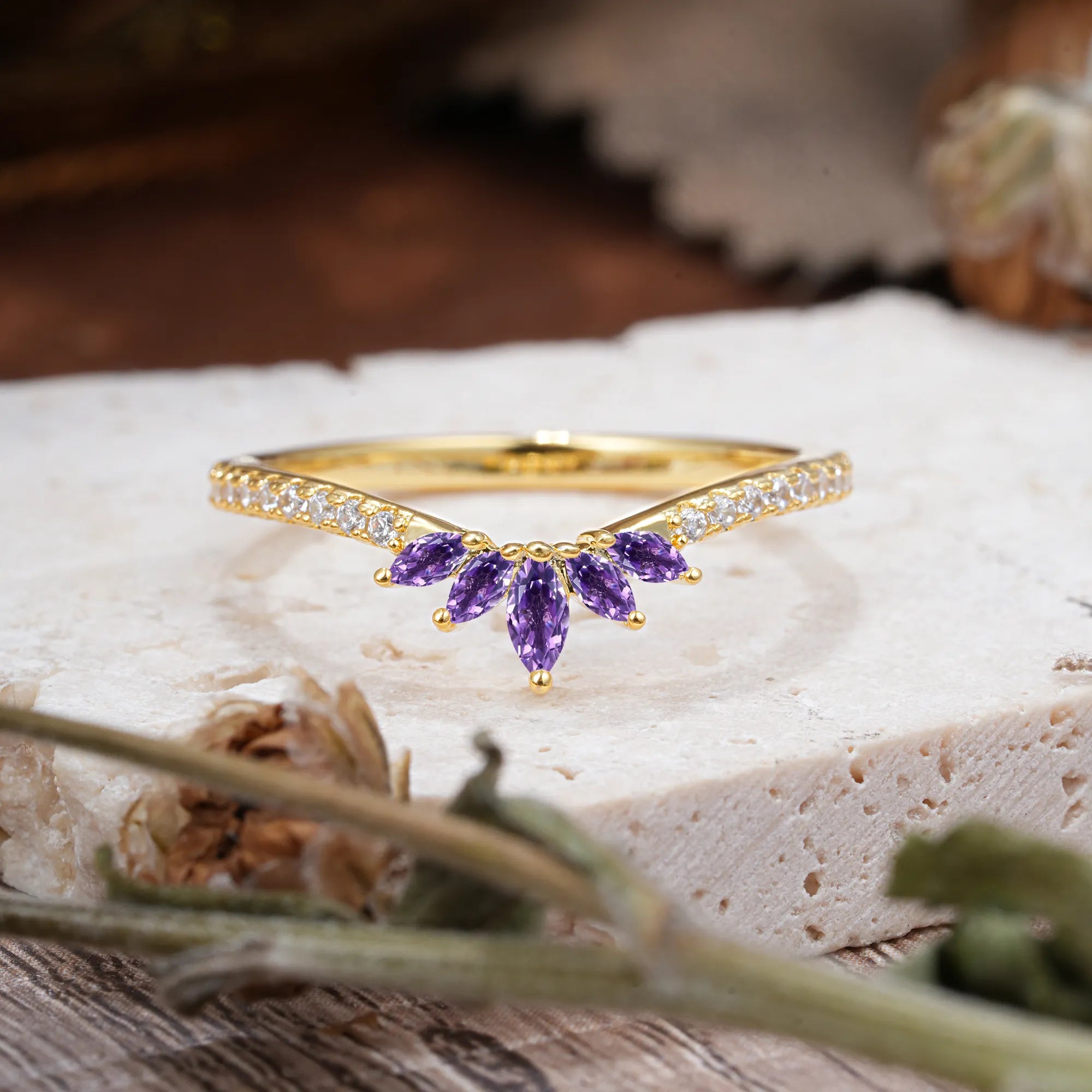 Marquise Cut Tiara Amethyst Curved Wedding Band Stacking Ring – Romalar ...